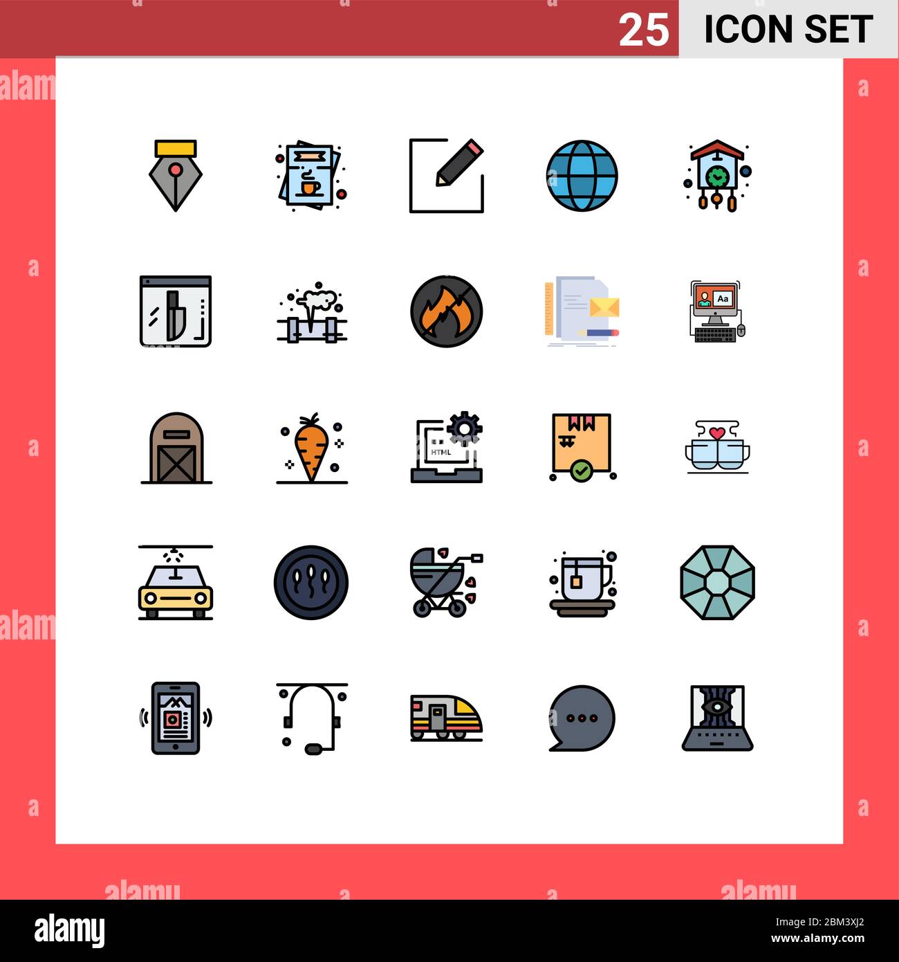 Editable Vector Line Pack of 25 Simple Filled line Flat Colors of clock ...