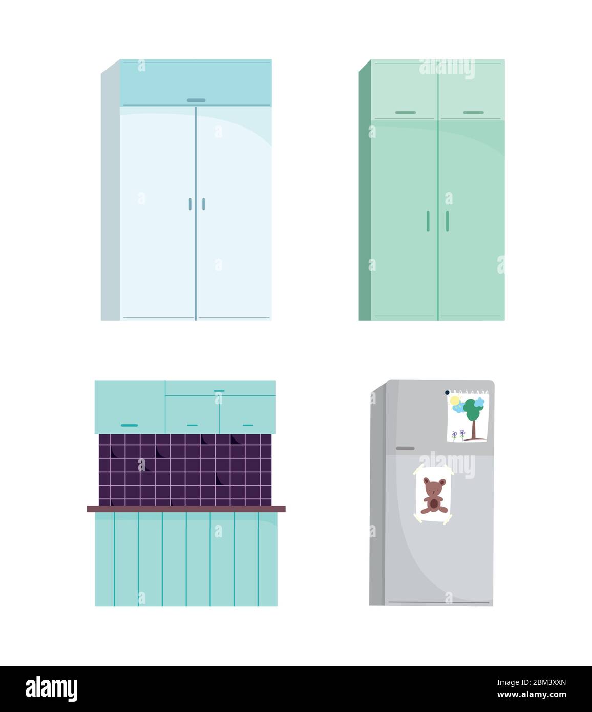 kitchen interior fridge tile wall furniture cabinet icons design vector ...