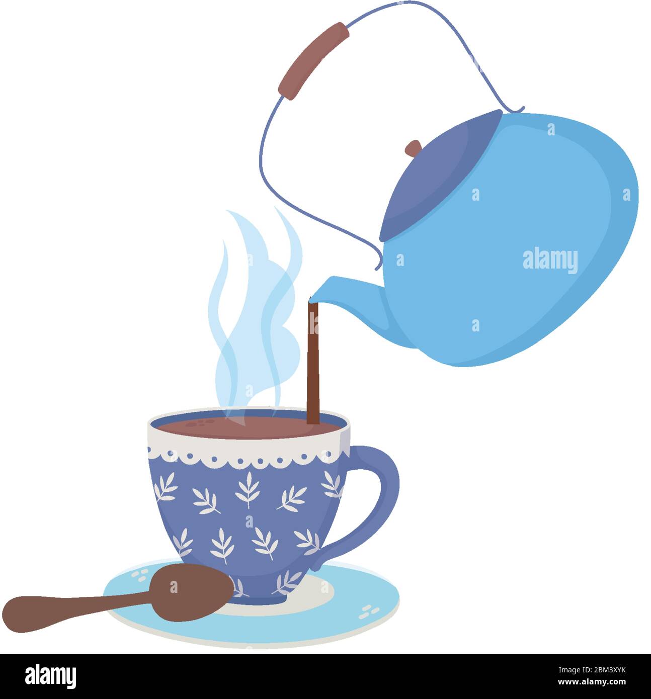 coffee time, kettle pouring in cup spoon fresh beverage vector ...
