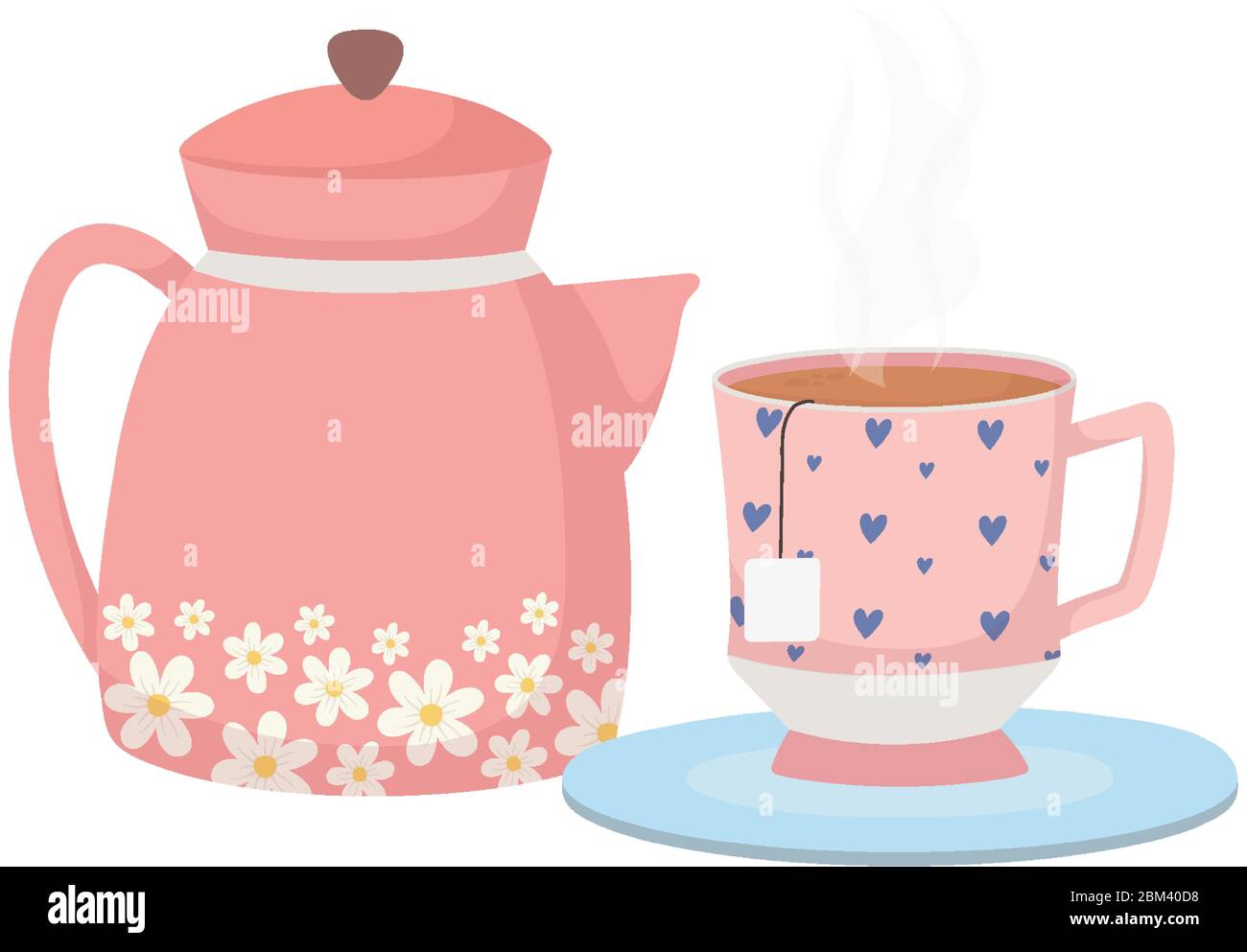 tea time, decorative hearts in cup and kettle beverage fresh vector ...