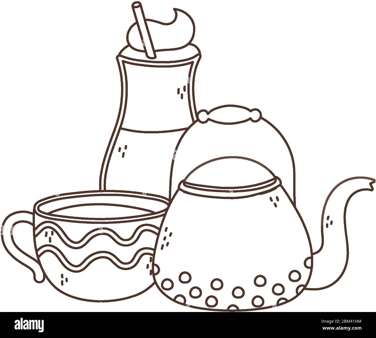 coffee time, cups lattle and kettle fresh aroma beverage vector ...