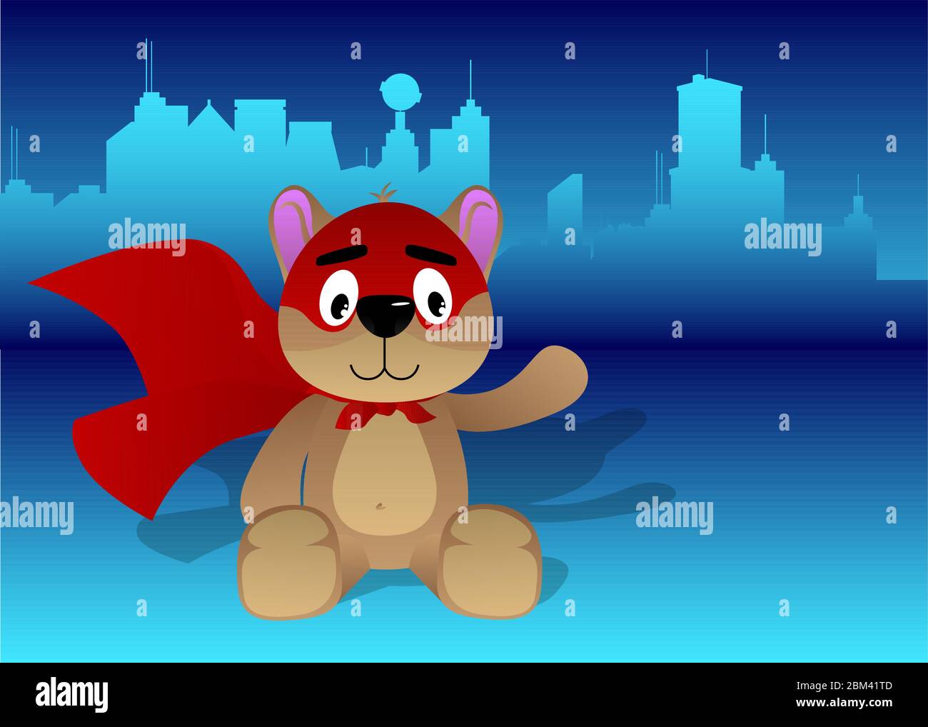 Cute Teddy Bear Hero with dark buildings on the background. Vector ...