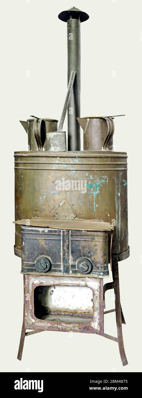 Antique copper water boiler with pots, coffee strainers, and ladle, on ...