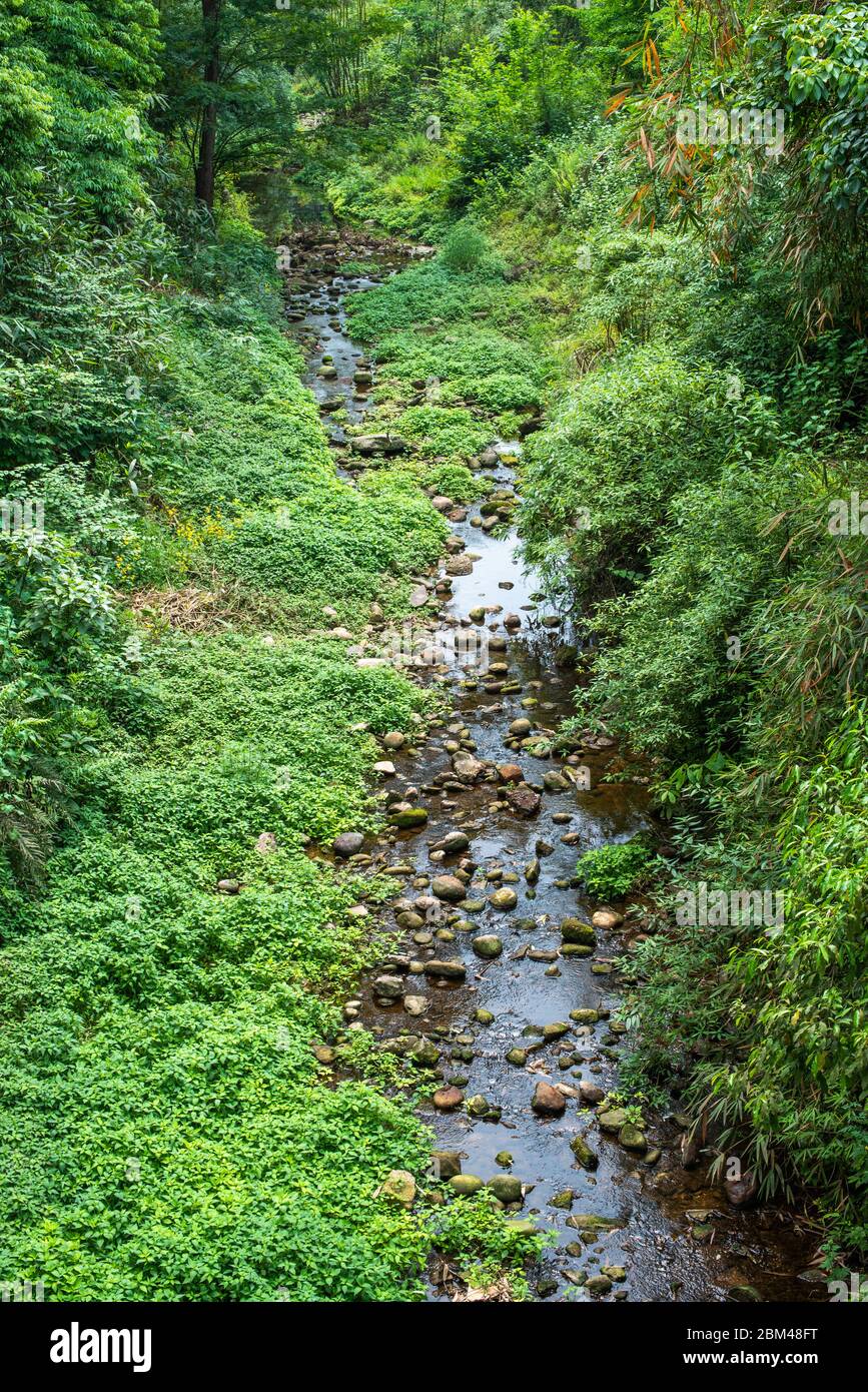 Stream river in the mountain aerial view in Jiezi, Sichuan province ...