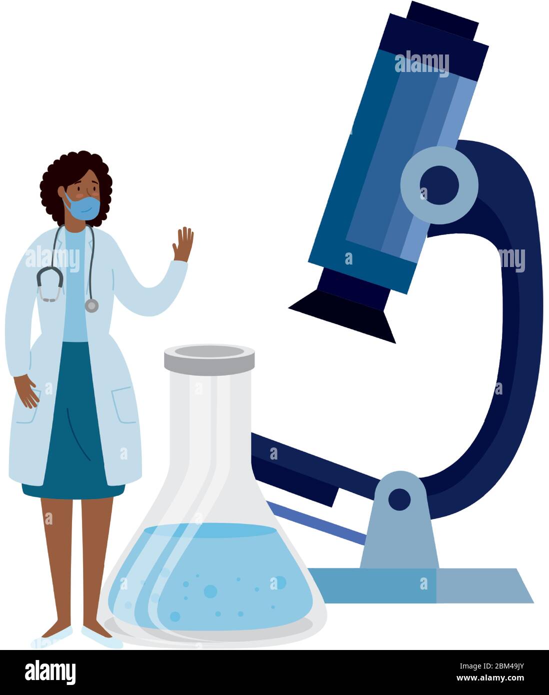 doctor female afro using face mask with medical icons Stock Vector ...