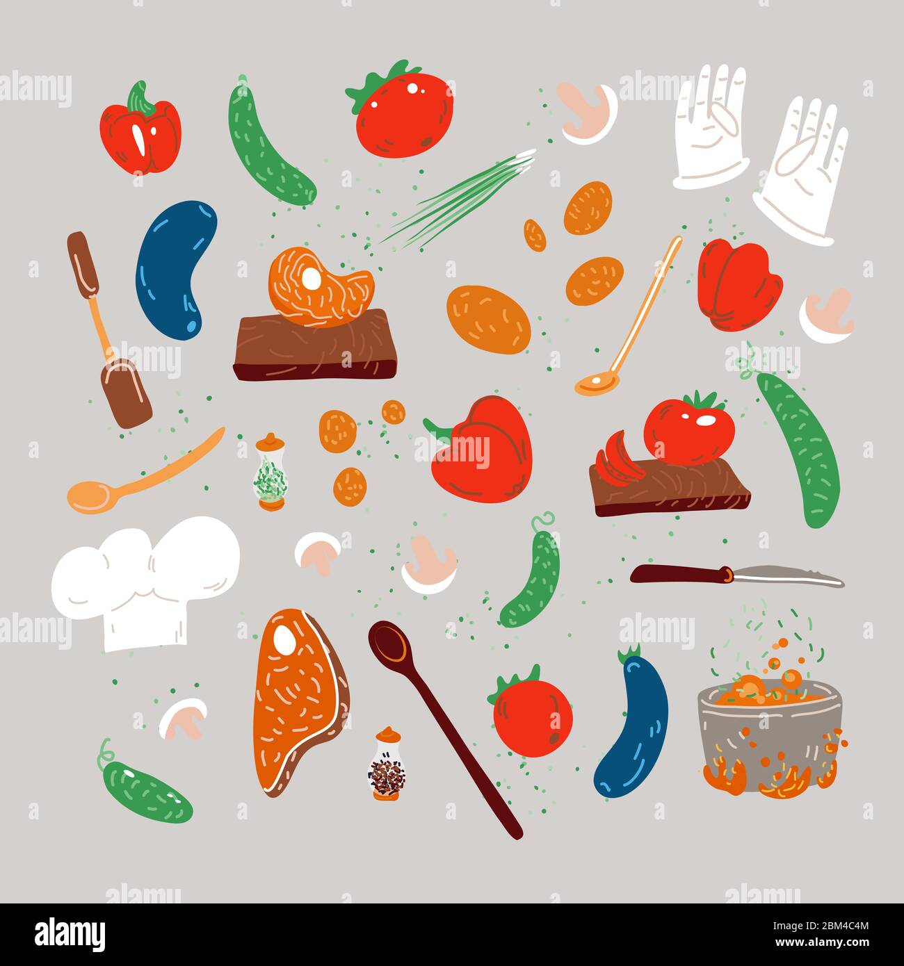 Vector cartoon hand drawn cook set with cooking utensils and food ...