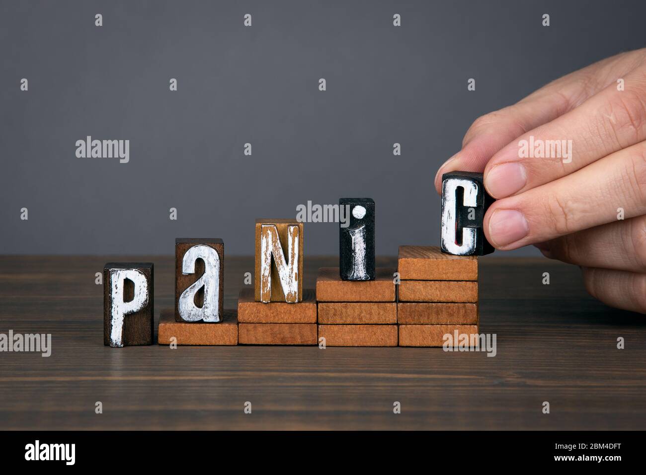 PANIC concept. Wooden alphabet letters on steps. Gray background Stock ...