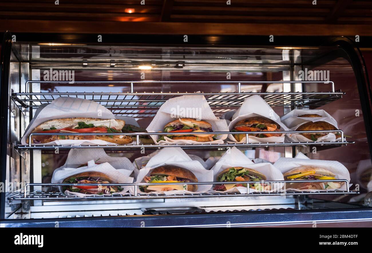 Sandwiches display during fast food festival outdoor event. Outside ...