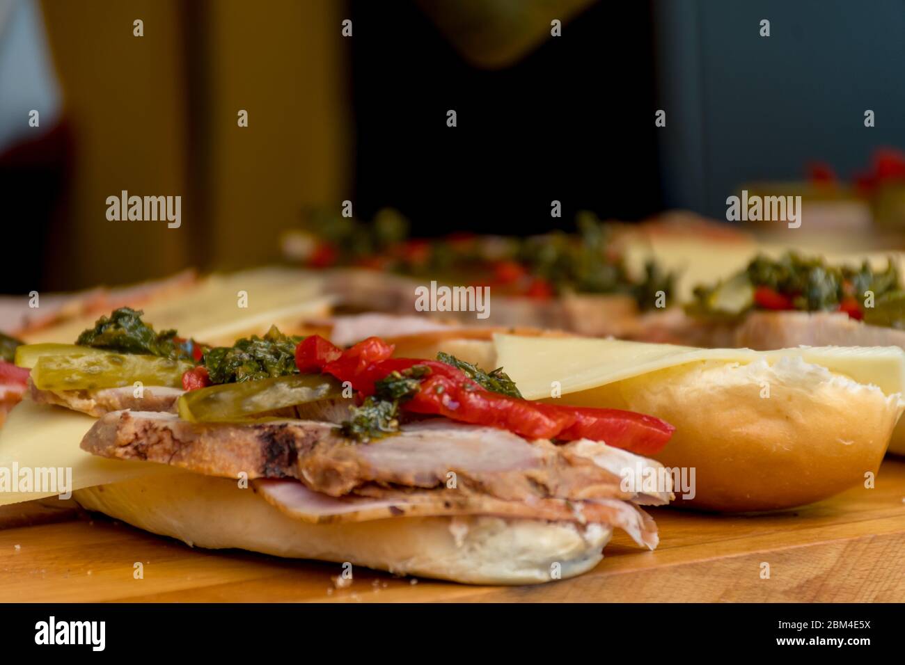 Chef preparing subway sandwich, live cooking session. Fast food ...