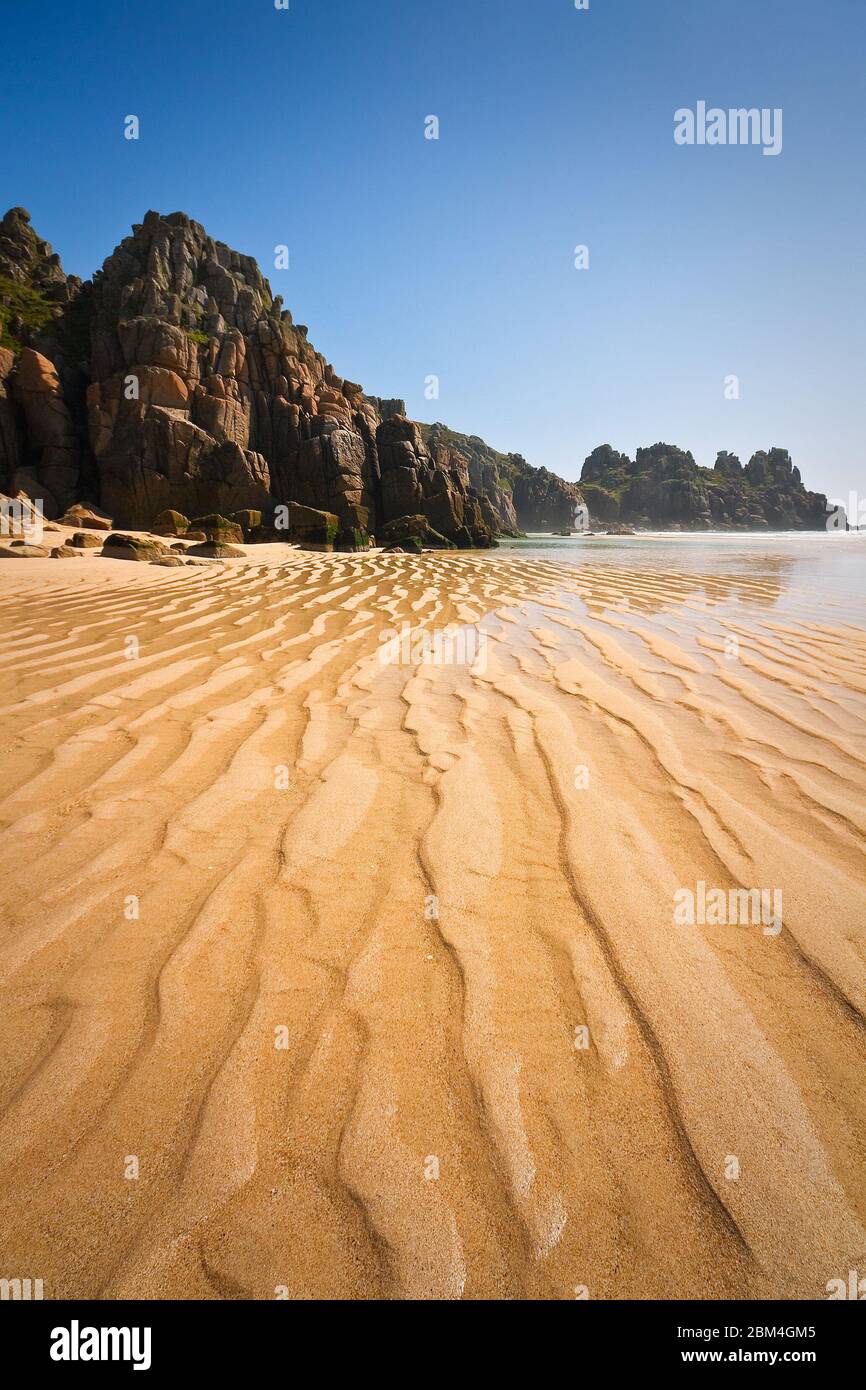 Porthcurno beach in low tide, Cornwall, UK Stock Photo - Alamy