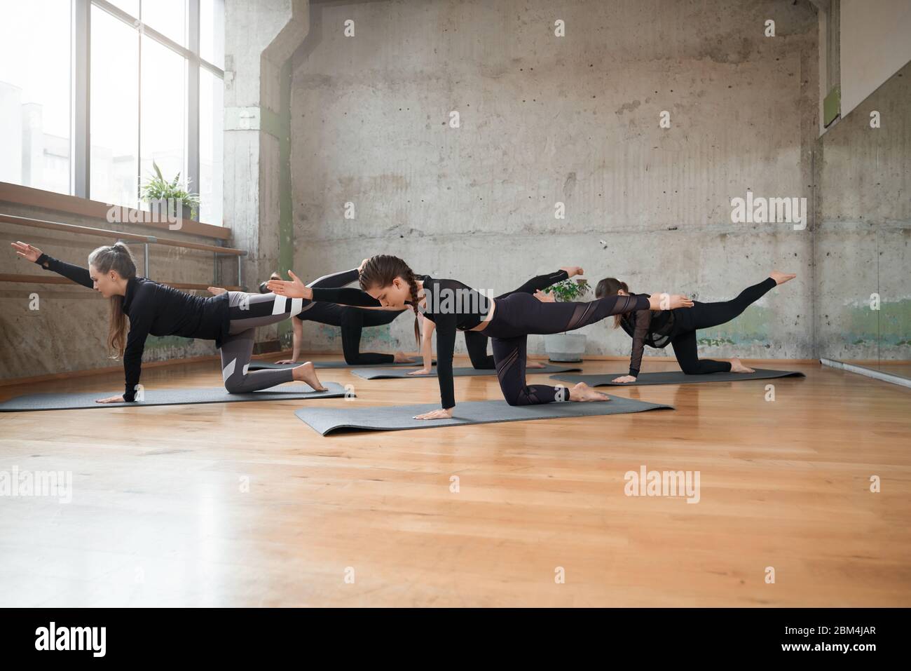 Young fitnesswomen practicing Bird dog pose, Knee to Forehead curl ...