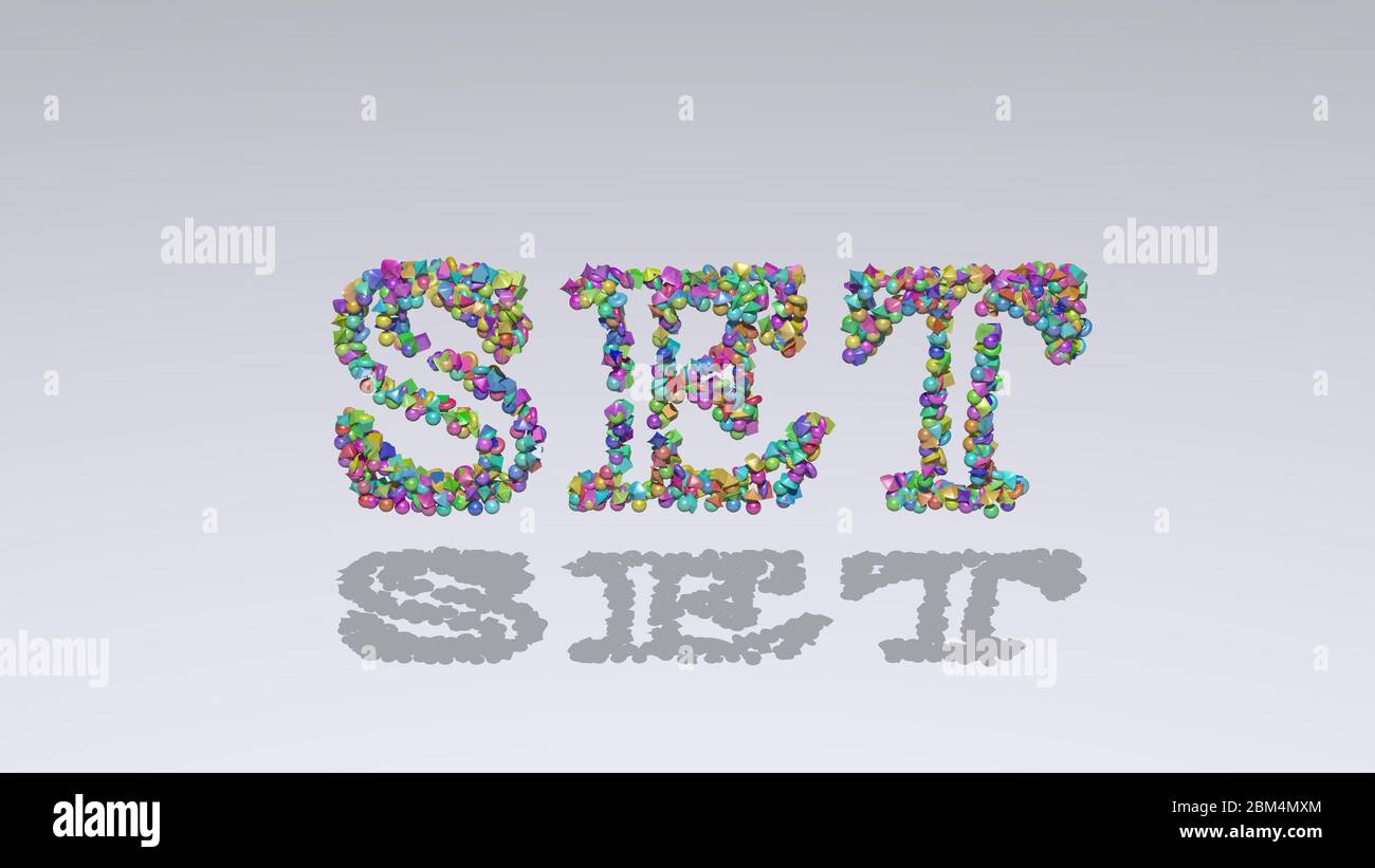 Colorful 3D writting of SET text with small objects over a white ...