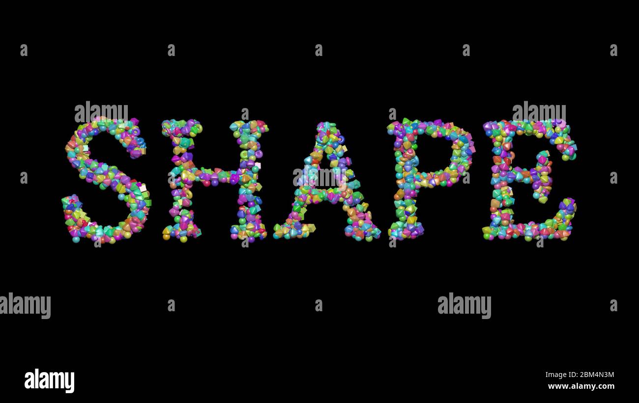 Colorful 3D writting of SHAPE text with small objects over a dark ...