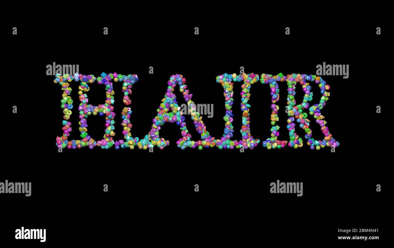 HAIR written in 3D illustration by colorful small objects casting ...