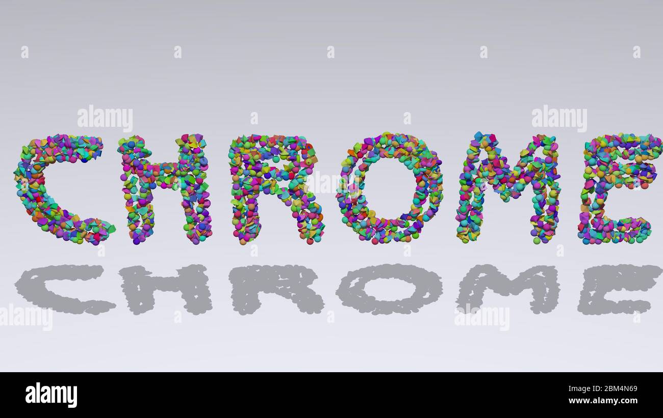 chrome written in 3D illustration by colorful small objects casting ...