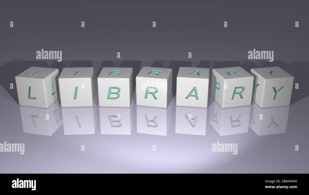 alphabetic LIBRARY arranged by cubic letters on a mirror floor, concept ...