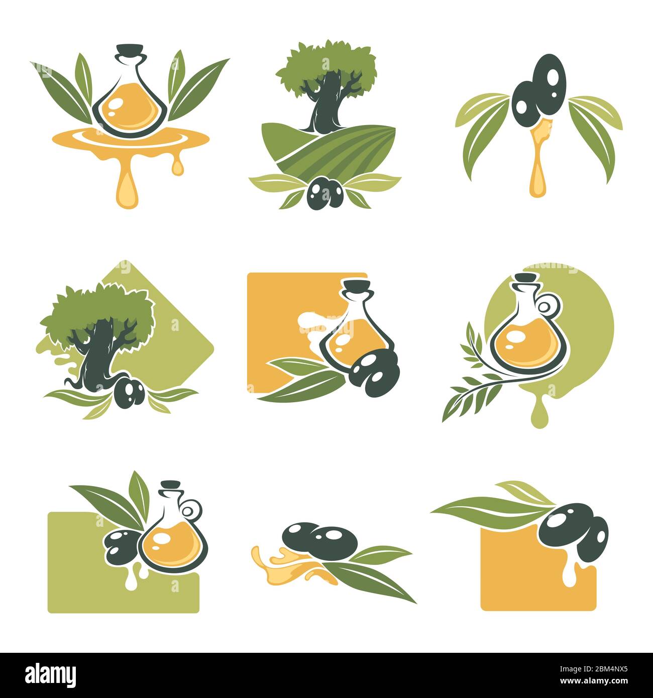 Olive tree, oil and branches with vegetables set Stock Vector Image ...