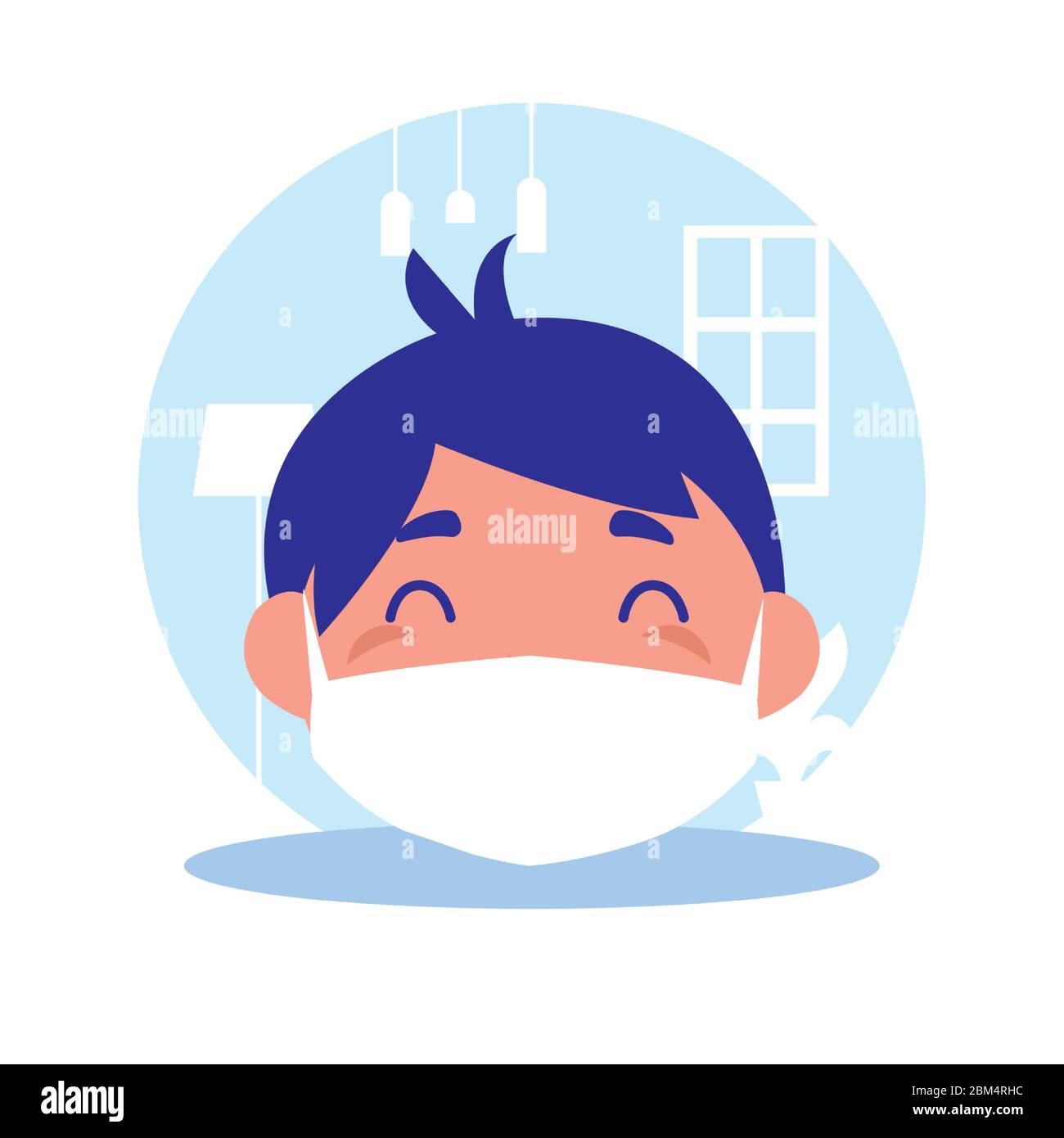 Boy kid cartoon head with mask at home design of Covid 19 virus theme ...