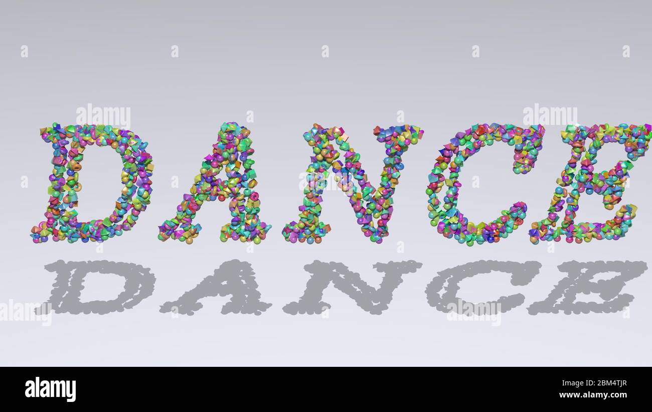 Colorful 3D writting of DANCE text with small objects over a white ...