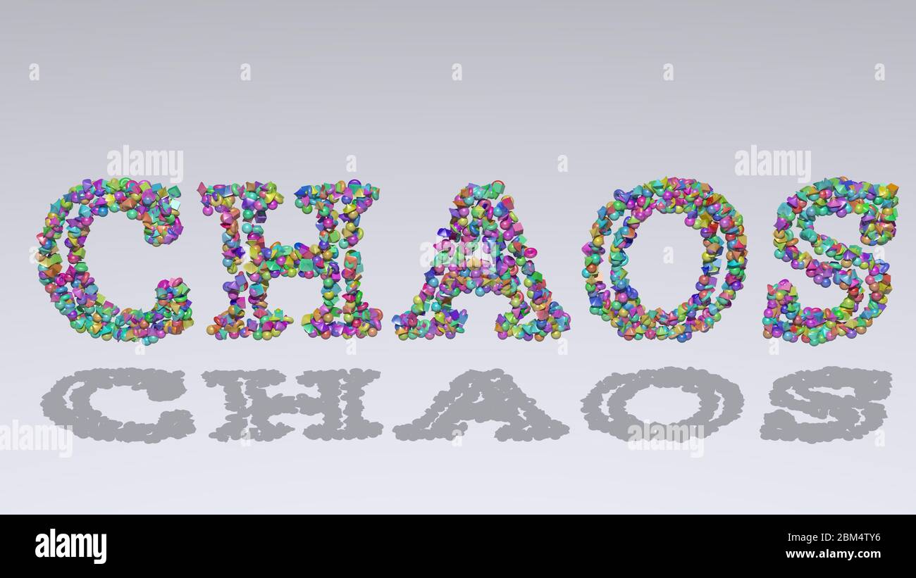 CHAOS: 3D illustration of the text made of small objects over a white ...
