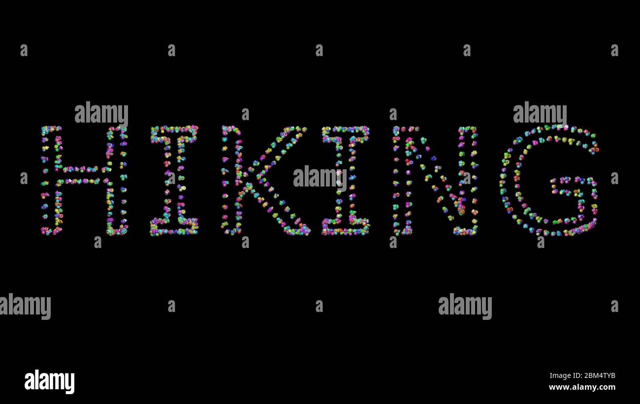 Colorful 3D writting of HIKING text with small objects over a dark ...