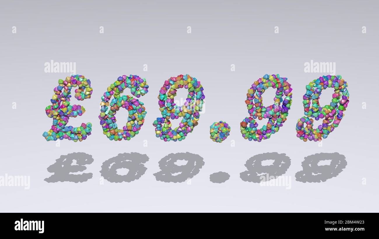 £69. written in 3D illustration by colorful small objects casting ...