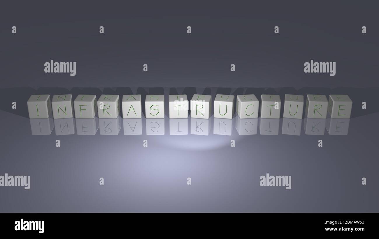 alphabetic INFRASTRUCTURE arranged by cubic letters on a mirror floor ...
