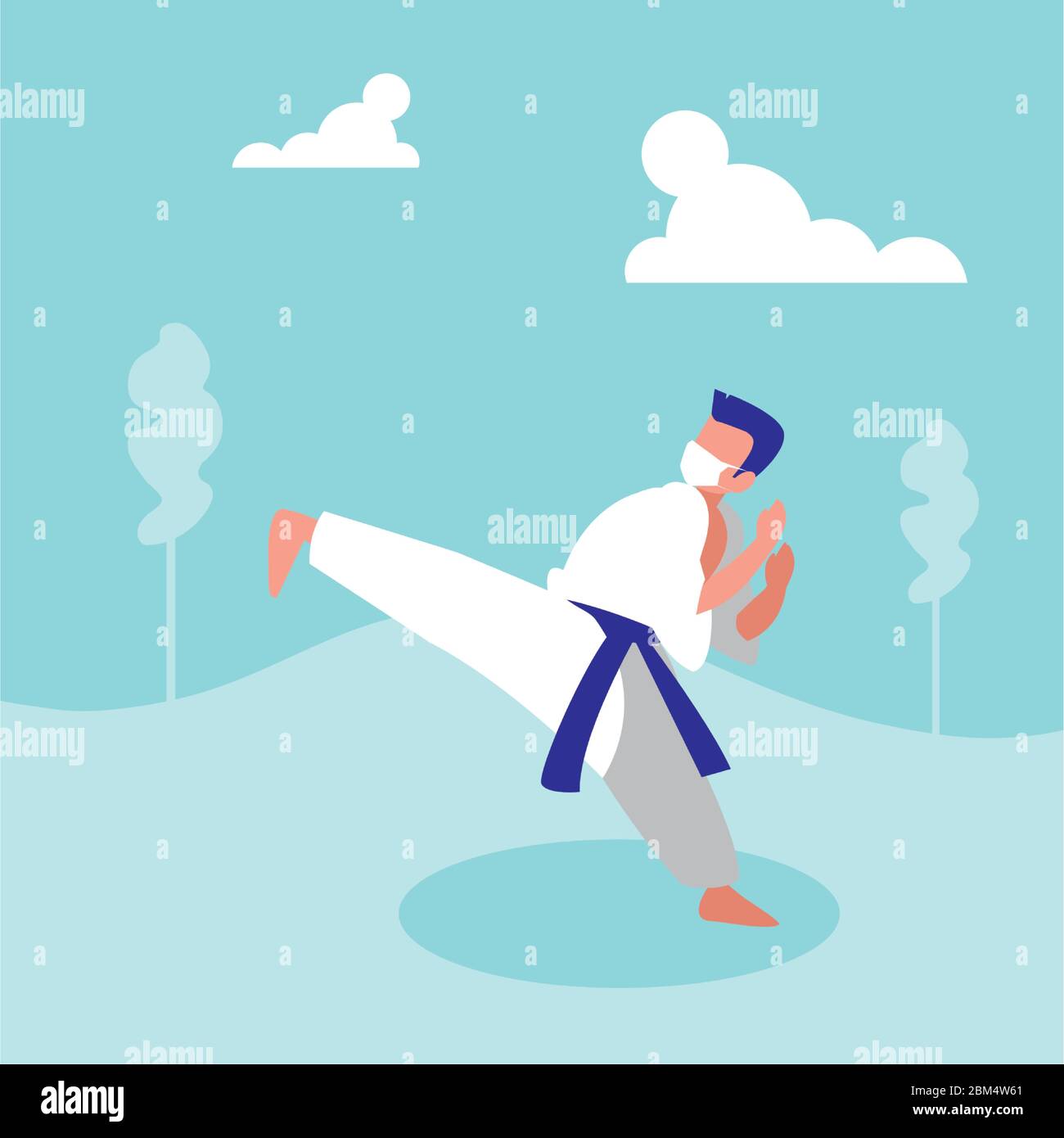 Man with mask doing karate at park design of Covid 19 virus theme ...