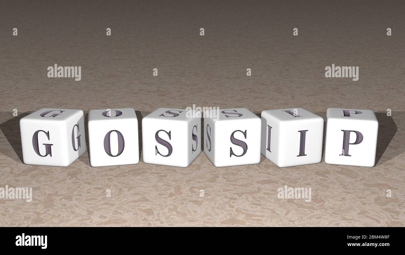 alphabetic Gossip arranged by cubic letters on a mirror floor, concept ...
