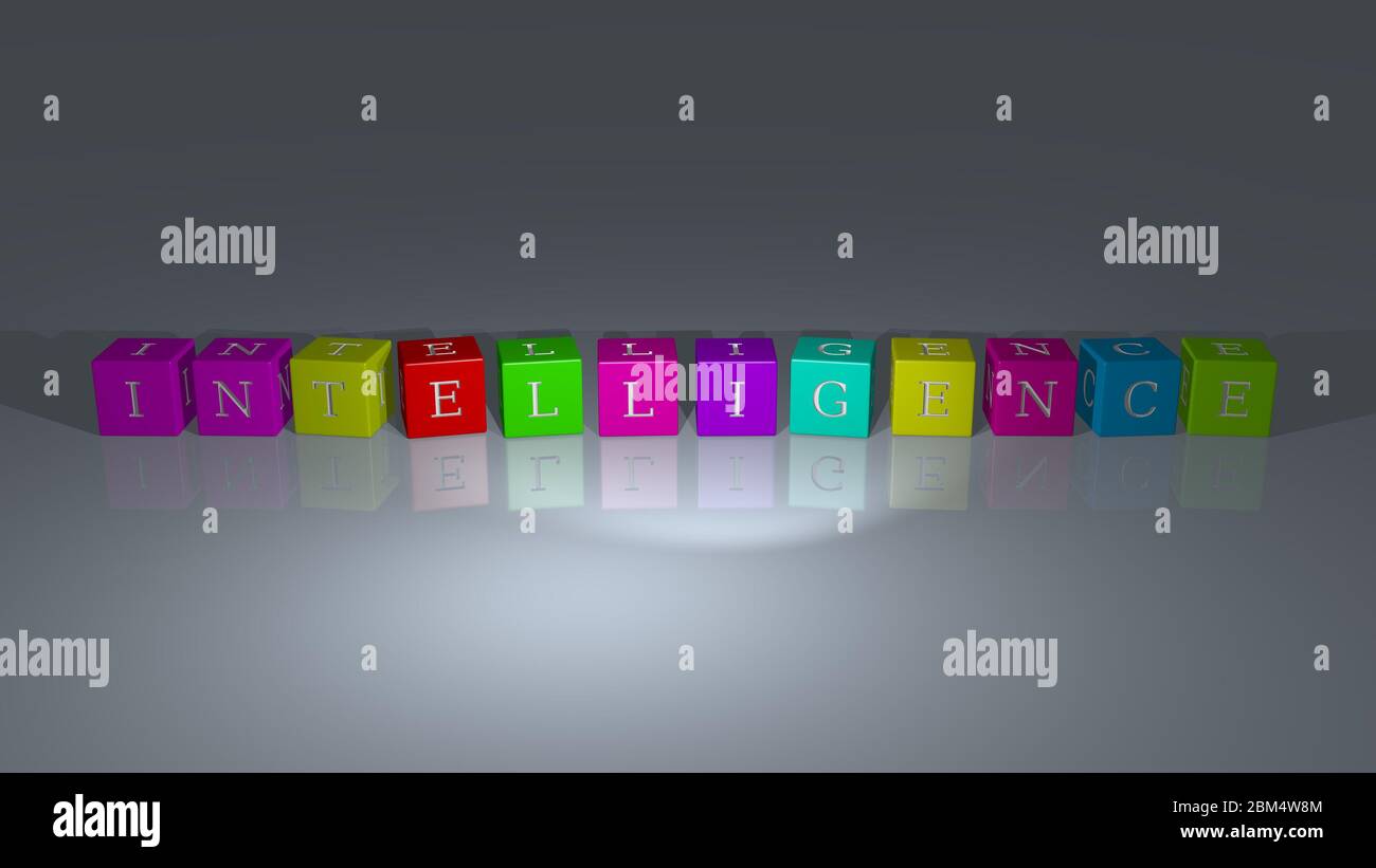 crosswords of Intelligence arranged by cubic letters on a mirror floor ...