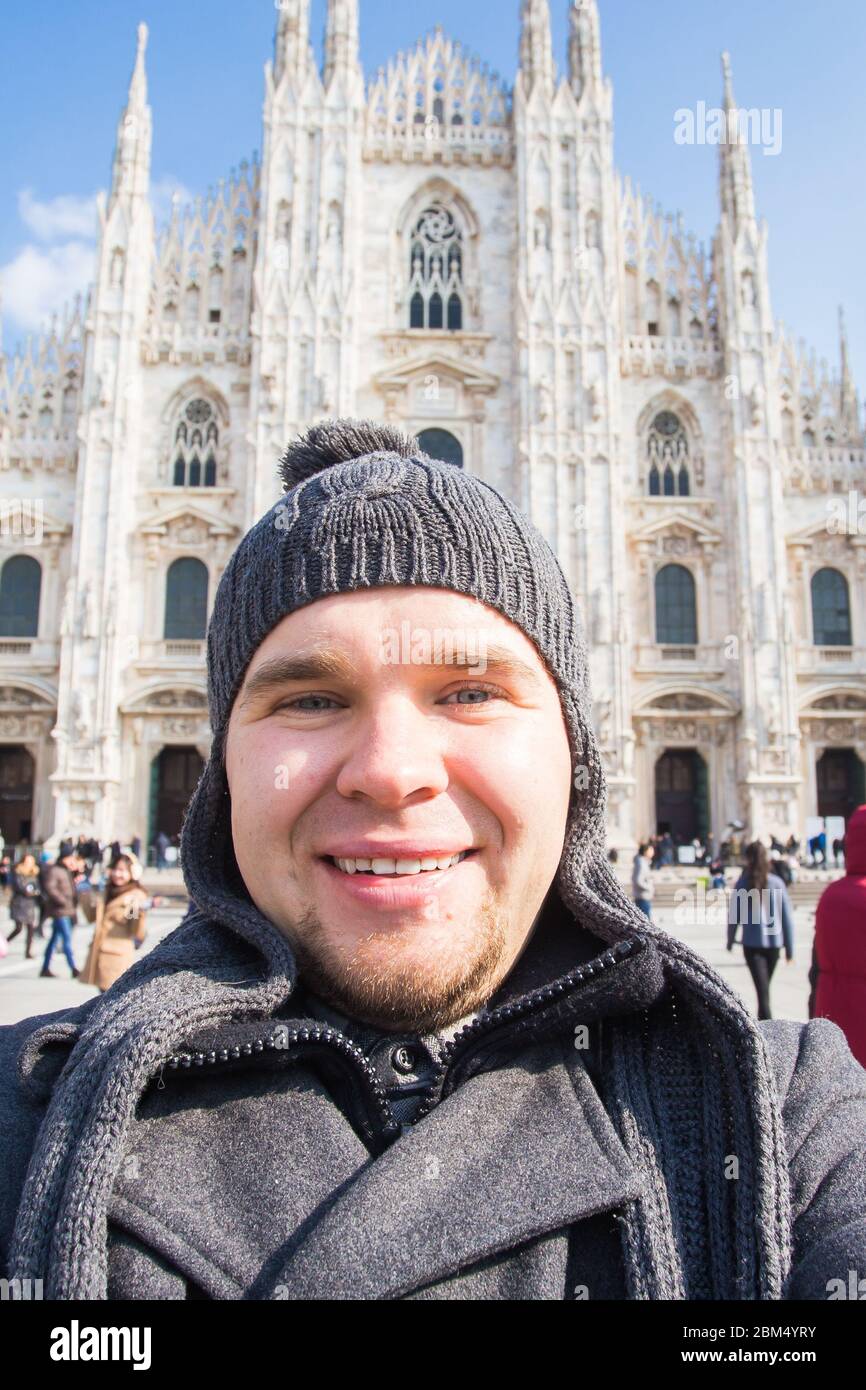Travel, Italy and fun concept - Happy tourist taking a self portrait in ...