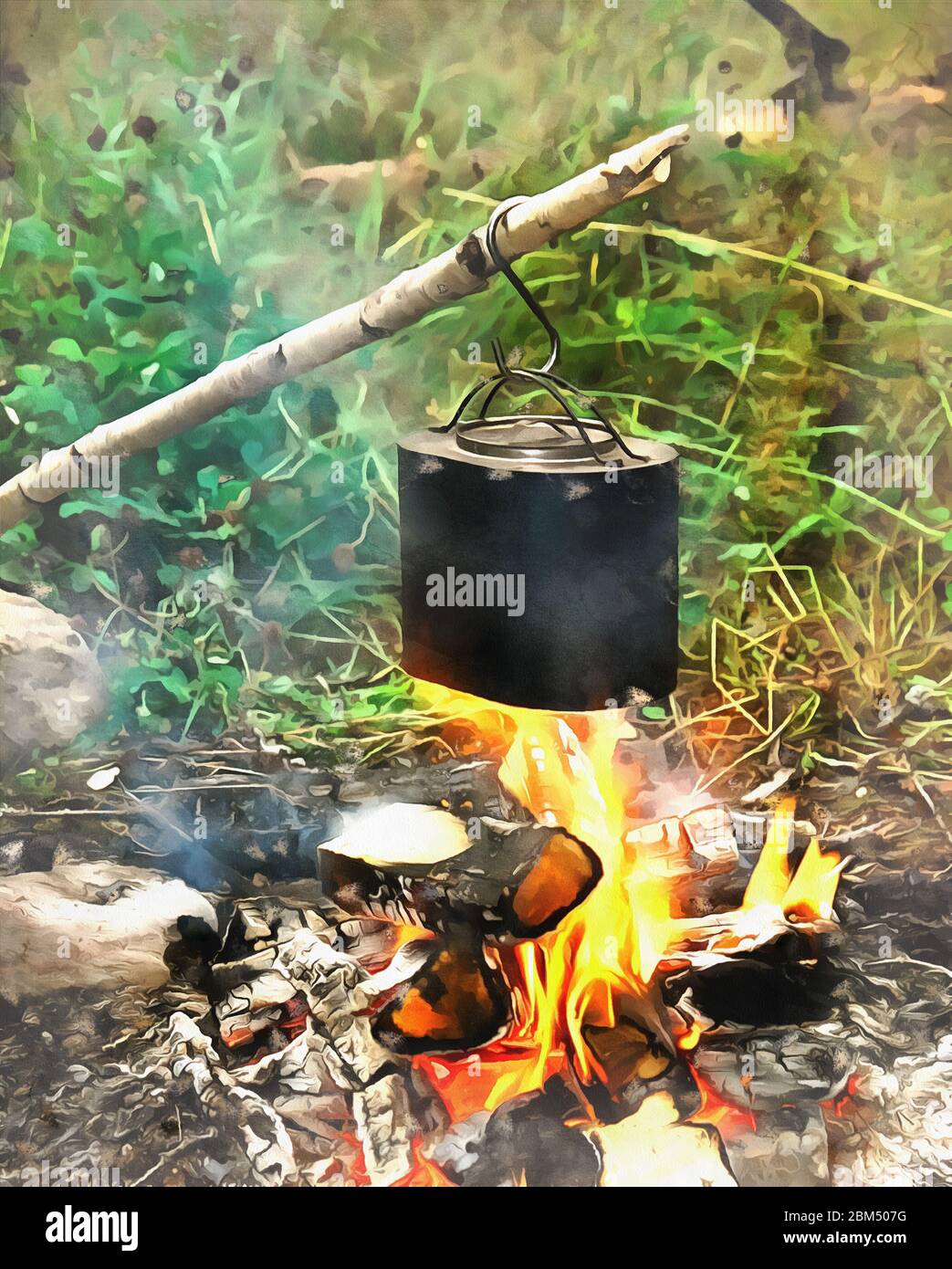 Pot is boiling on campfire colorful painting looks like picture Stock ...