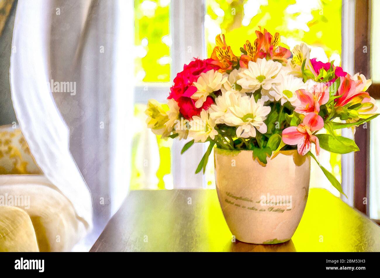 Still-life with flowers in the pot colorful painting looks like picture ...