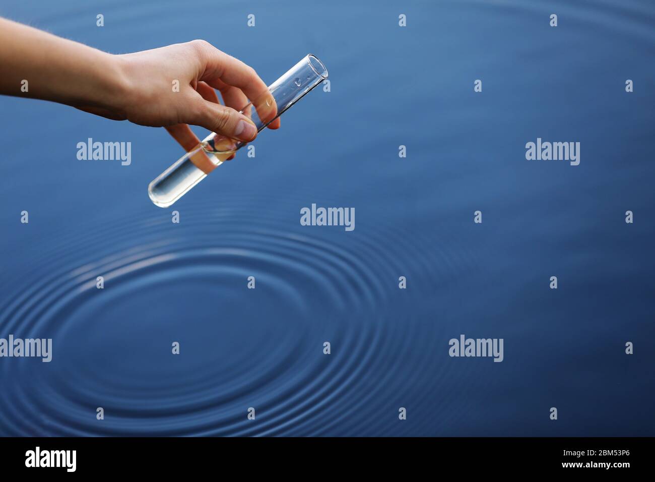 Water sample. Hand collects water to explore. Concept - water purity ...