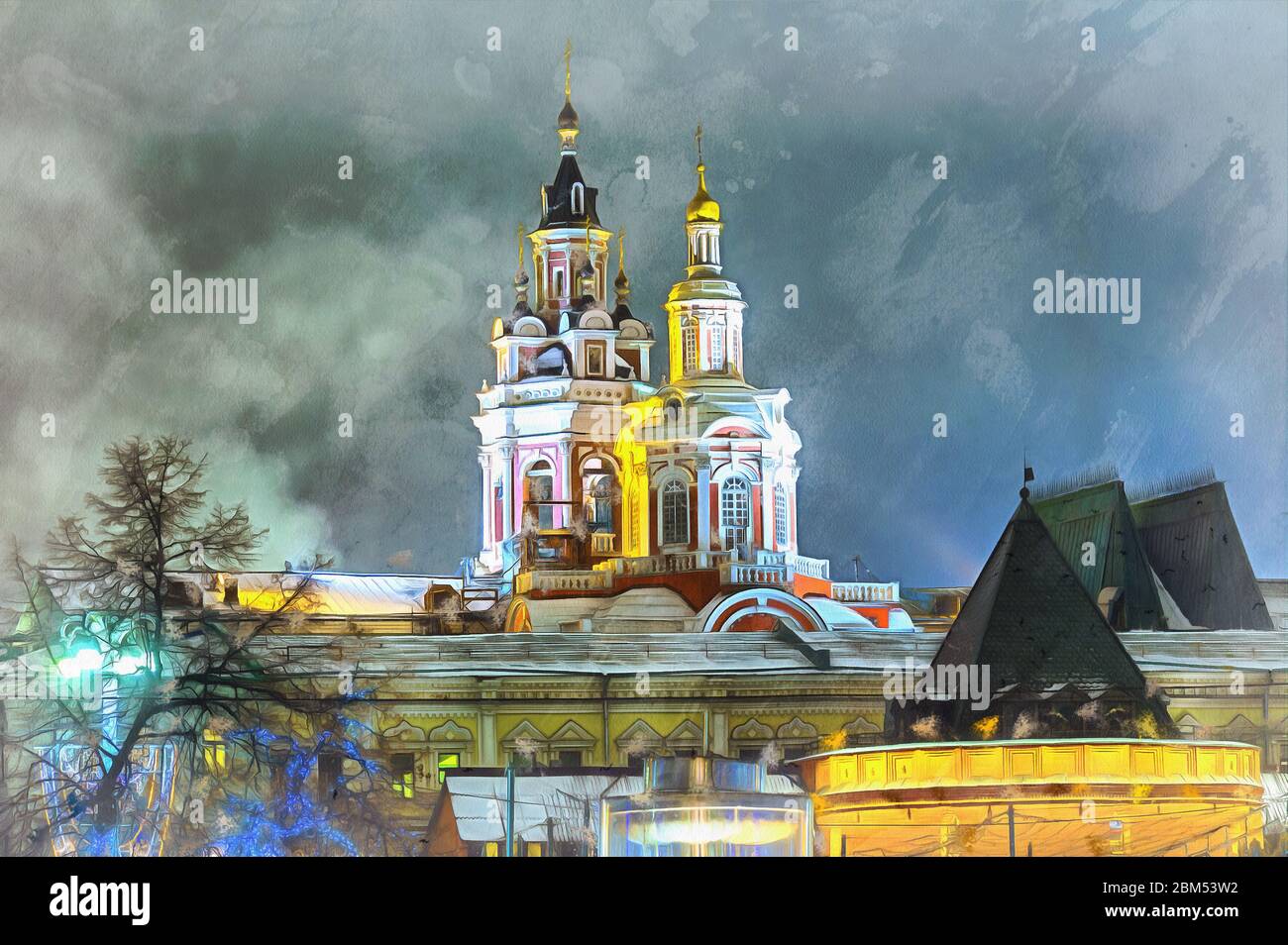 Beautiful night view on orthodox church colorful painting looks like ...