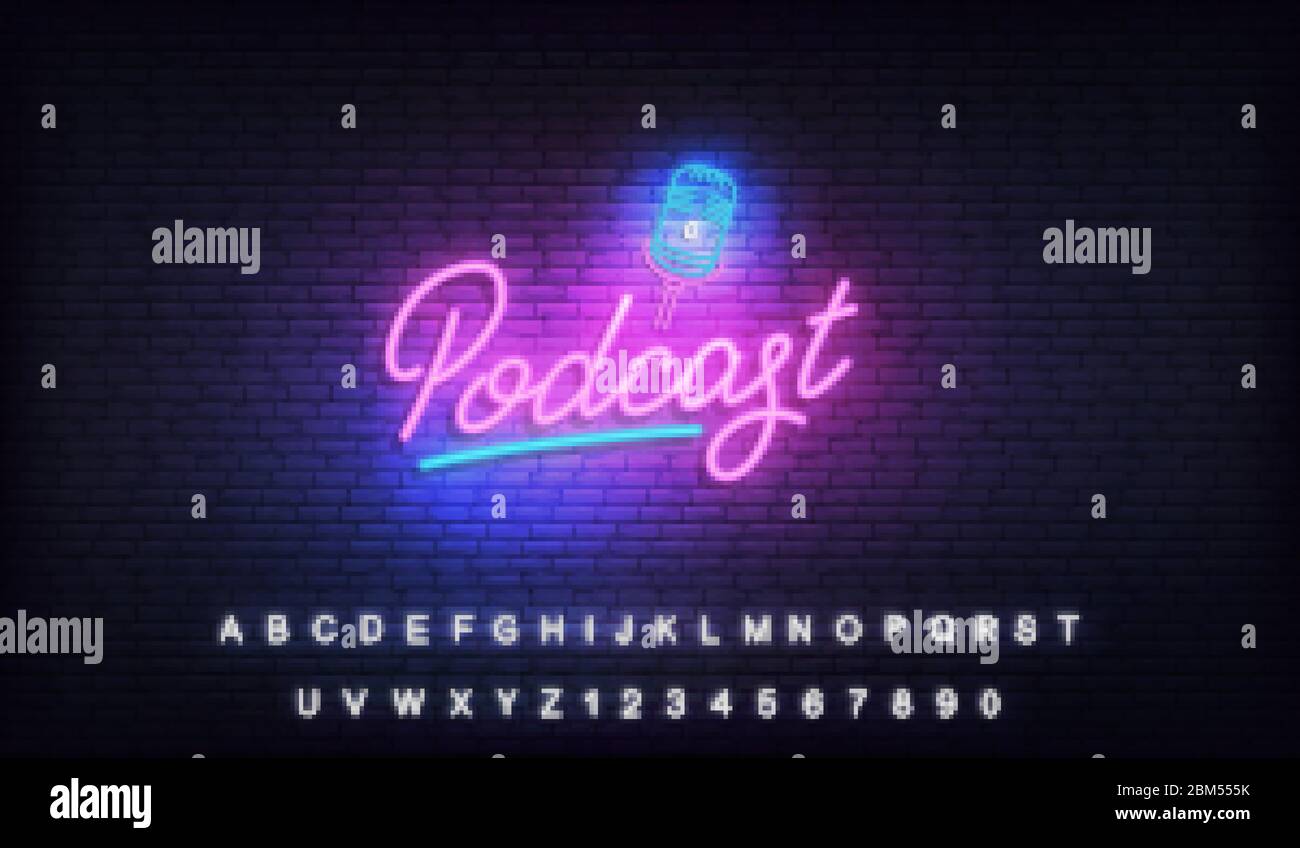 Podcast neon sign. Glowing podcast lettering template Stock Vector ...