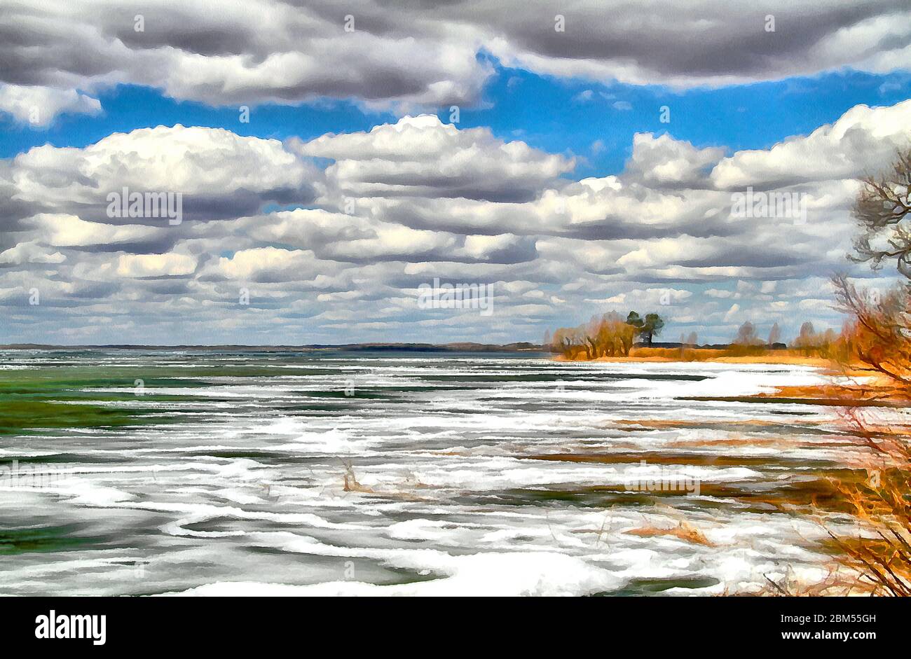 Beautiful spring landscape with lake melt ice colorful painting looks ...