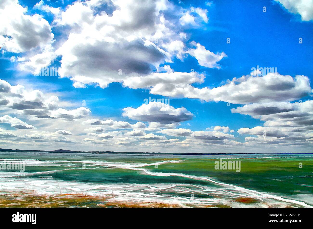 Beautiful spring landscape with lake melt ice colorful painting looks ...