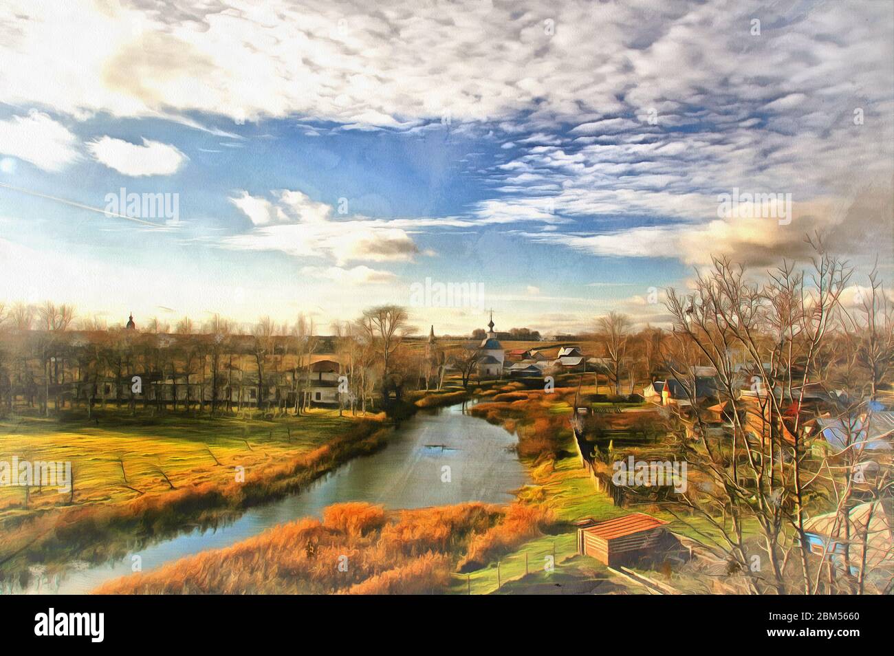 Beautiful rural landscape colorful painting looks like picture Stock ...