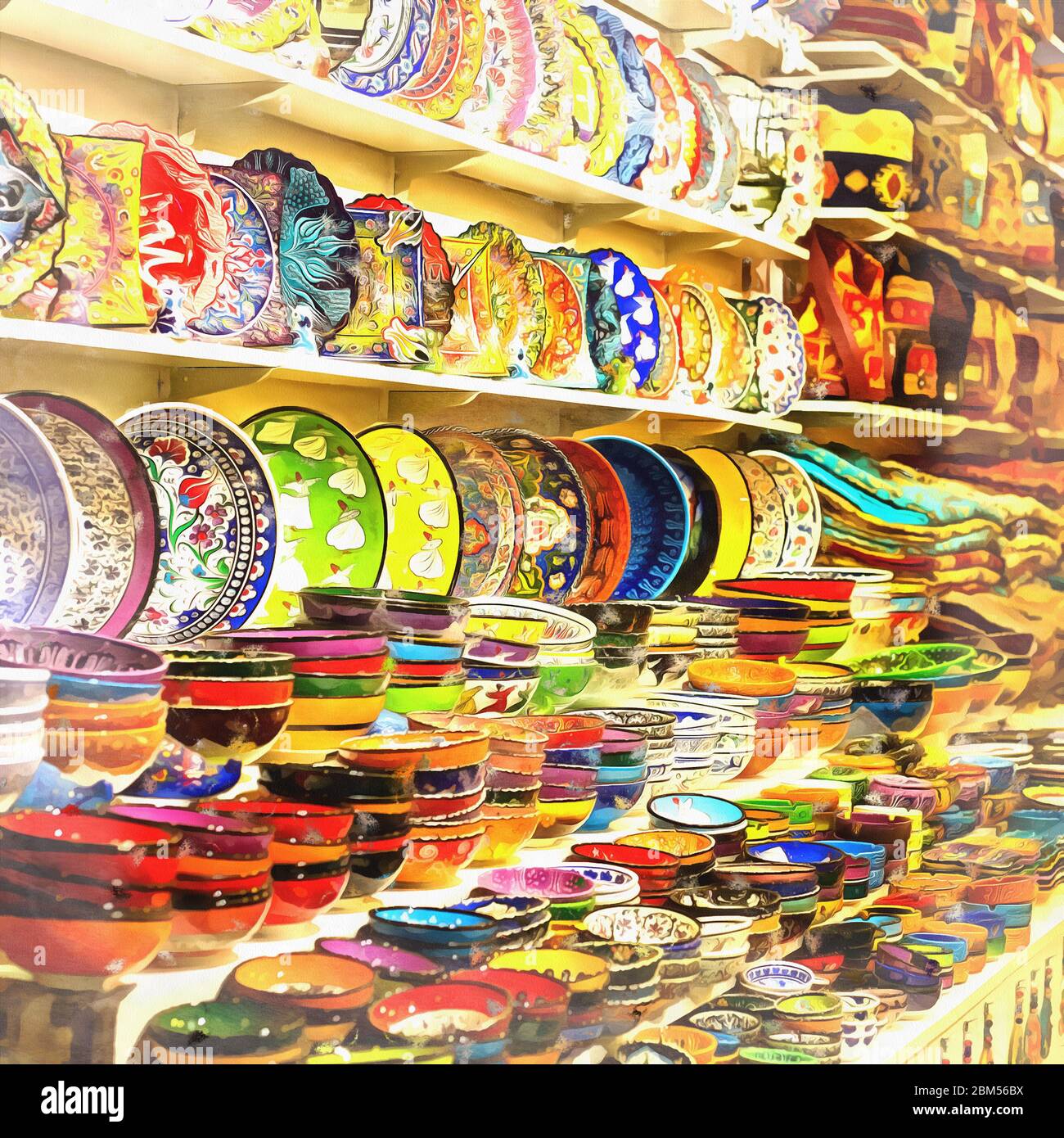 Traditional ornamental plates layout at the market colorful painting ...