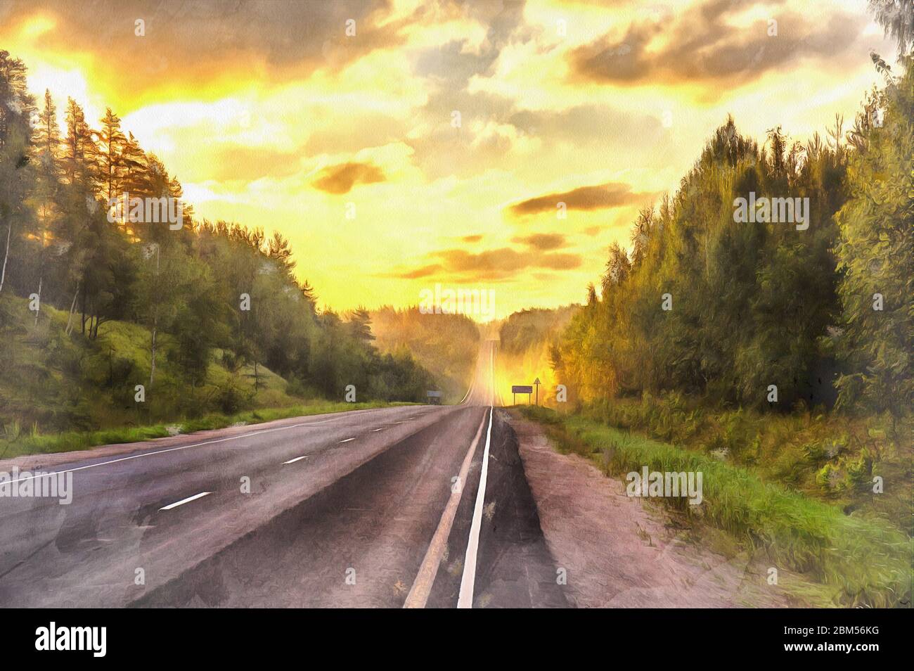 Beautiful landscape with asphalt road among the forest at sunrise time ...