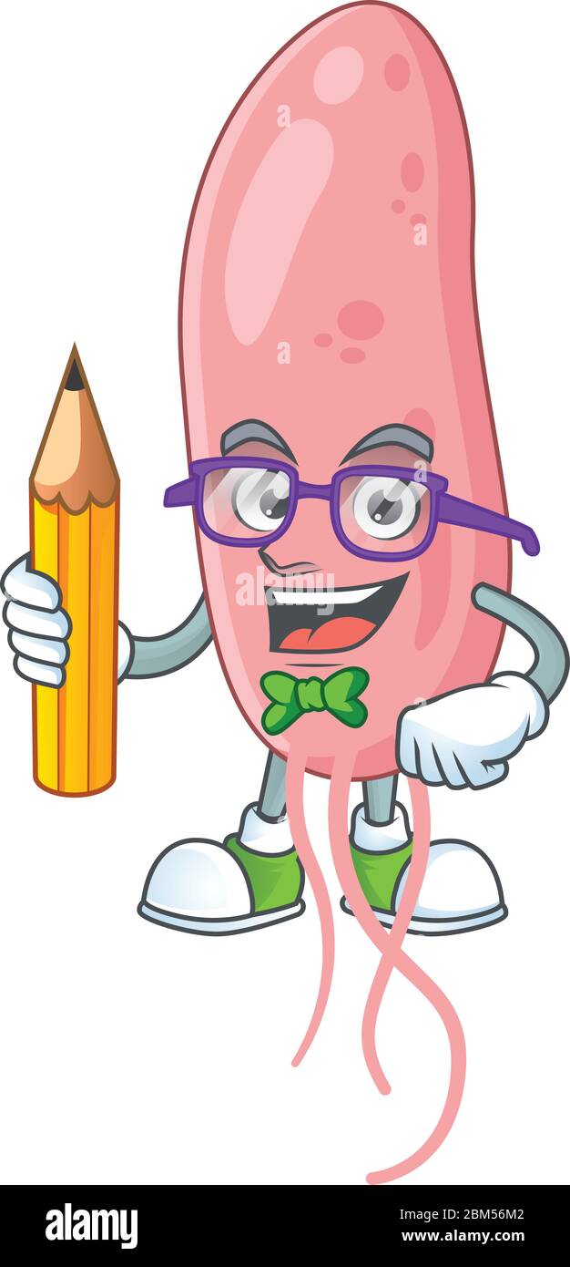 Vibrio cholerae student cartoon character studying with pencil. Vector ...