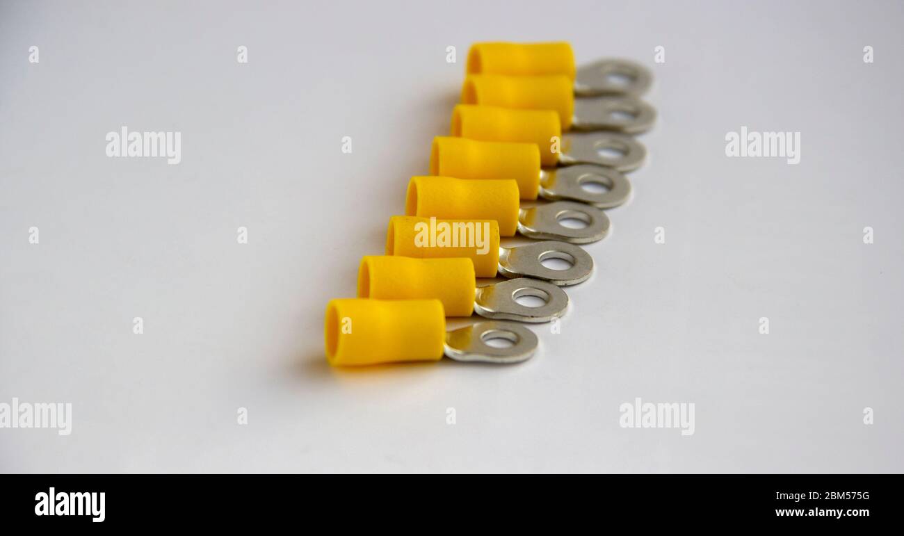 electrical crimp terminal connector. metal terminals isolated on white ...