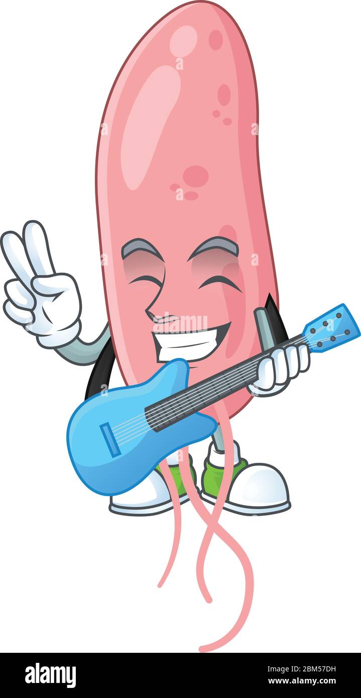 Happy face of vibrio cholerae cartoon plays music with a guitar. Vector ...