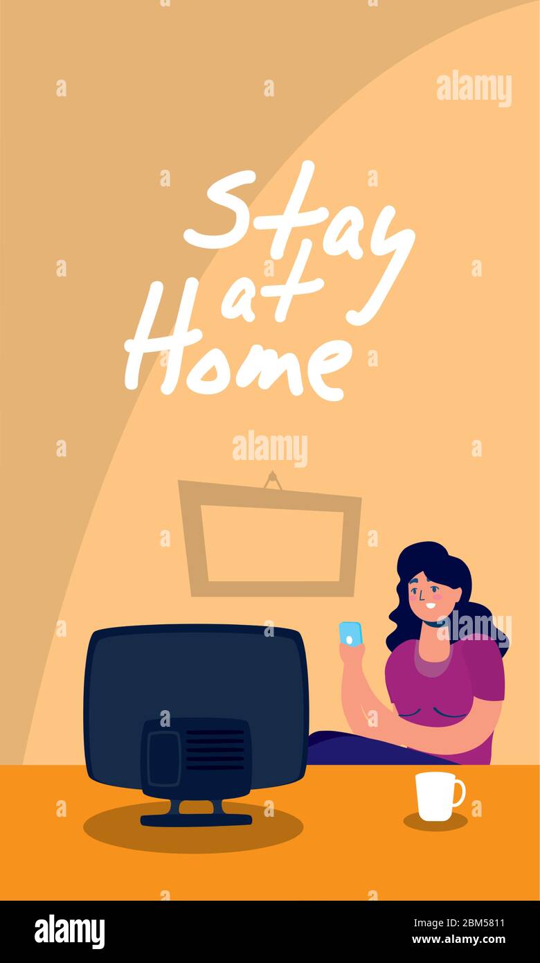 woman watching tv stay at home campaign Stock Vector Image & Art - Alamy