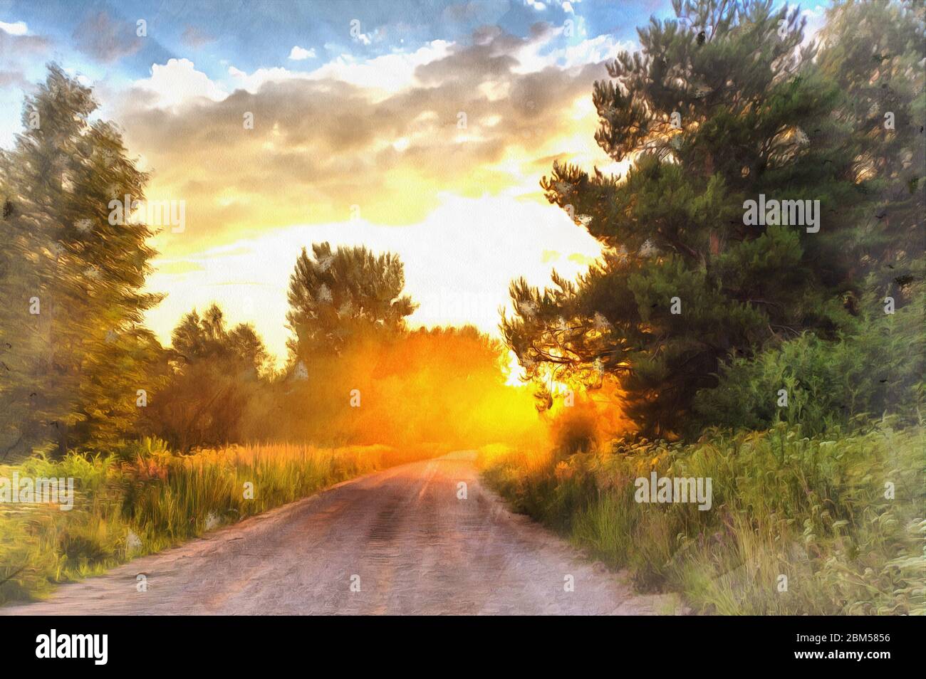 Beautiful sunshine through the trees with fog colorful painting looks ...