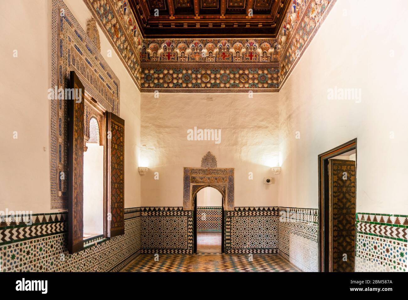 Moorish architecture of beautiful castle called Real Alcazar in Seville ...