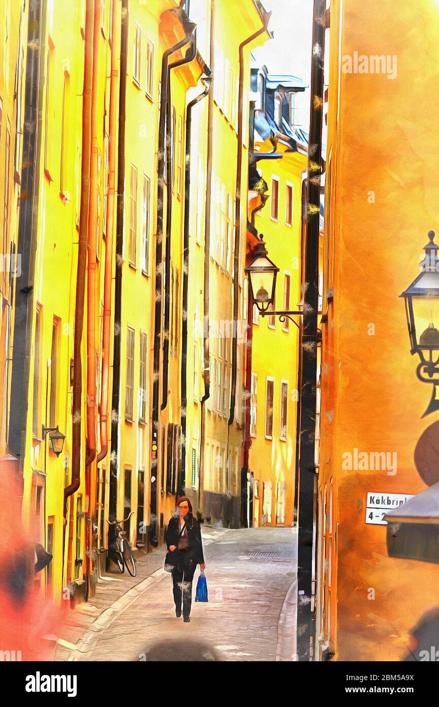 Vintage street at old town colorful painting looks like picture Stock ...