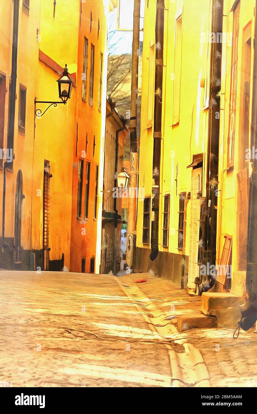 Vintage street at old town colorful painting looks like picture Stock ...