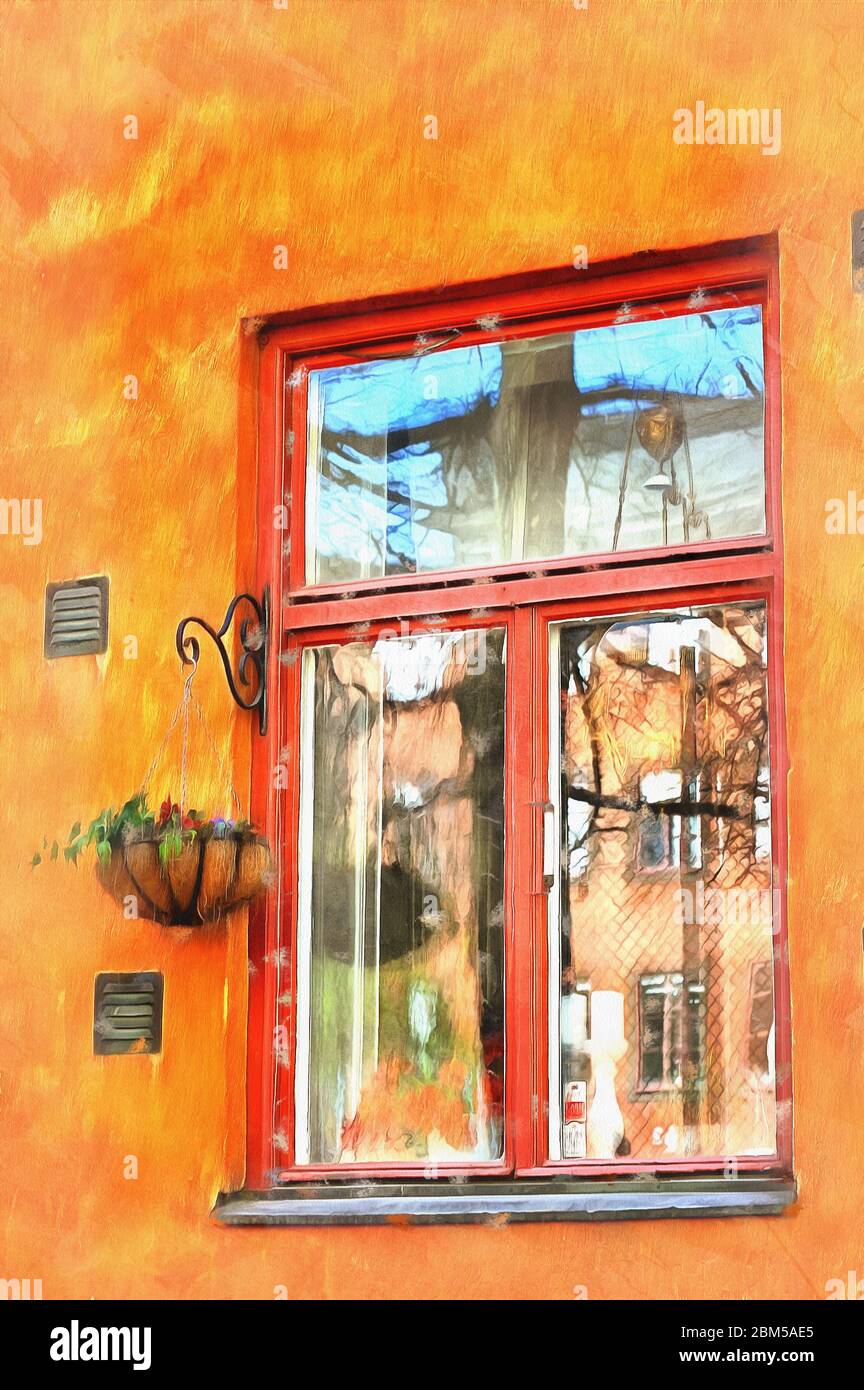 Vintage window view colorful painting looks like picture Stock Photo ...